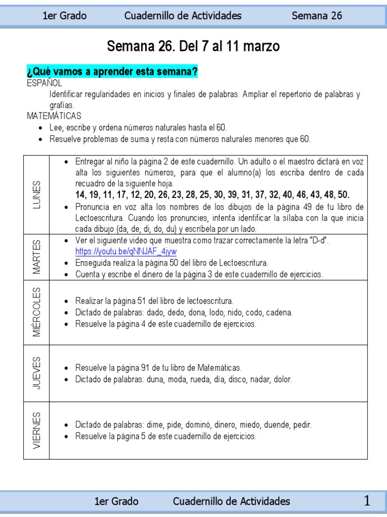 Semana de aprendizaje del 1er grado: actividades de español ...