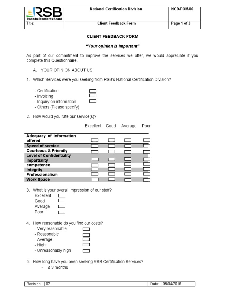 Client Feedback Form | PDF | Communication