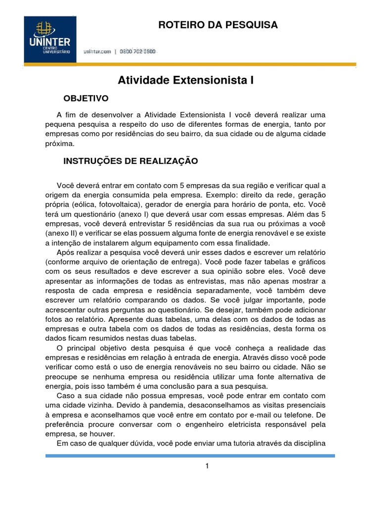 Atividade Extensionista I - Roteiro Do Projeto | PDF | Energia ...