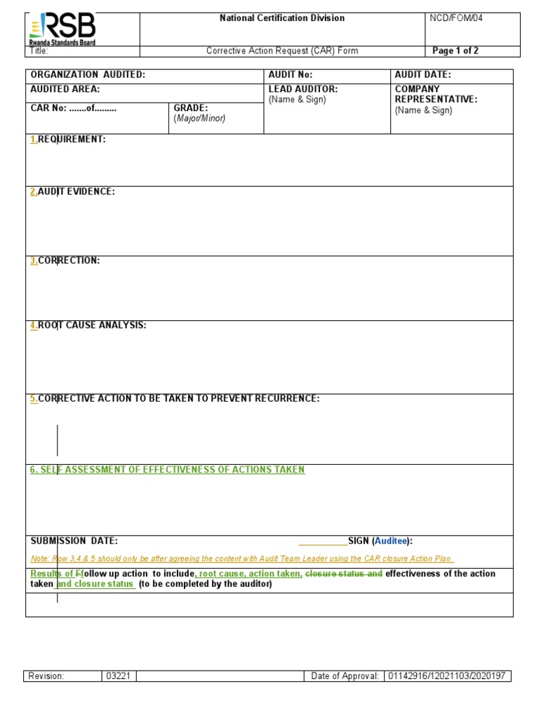 Corrective Action Request (CAR) Form | PDF