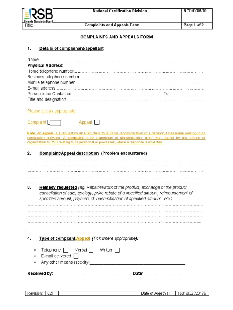 Complaints and Appeals Form | PDF