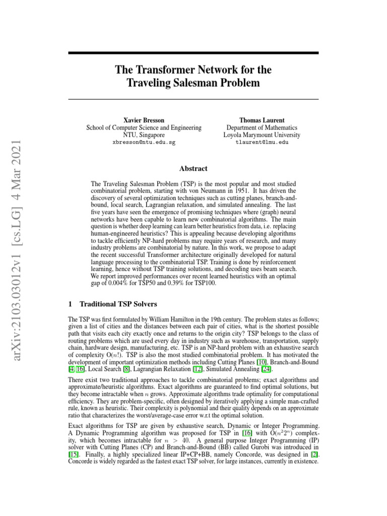 The Transformer Network For The Traveling Salesman Problem | PDF | Computational Complexity ...