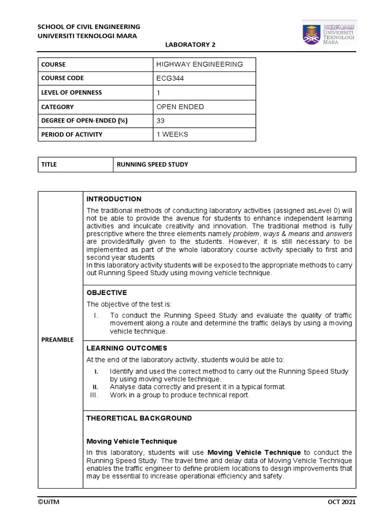 LAB 2 - Running Speed (Method 1) OEL 1 | PDF | Traffic | Laboratories