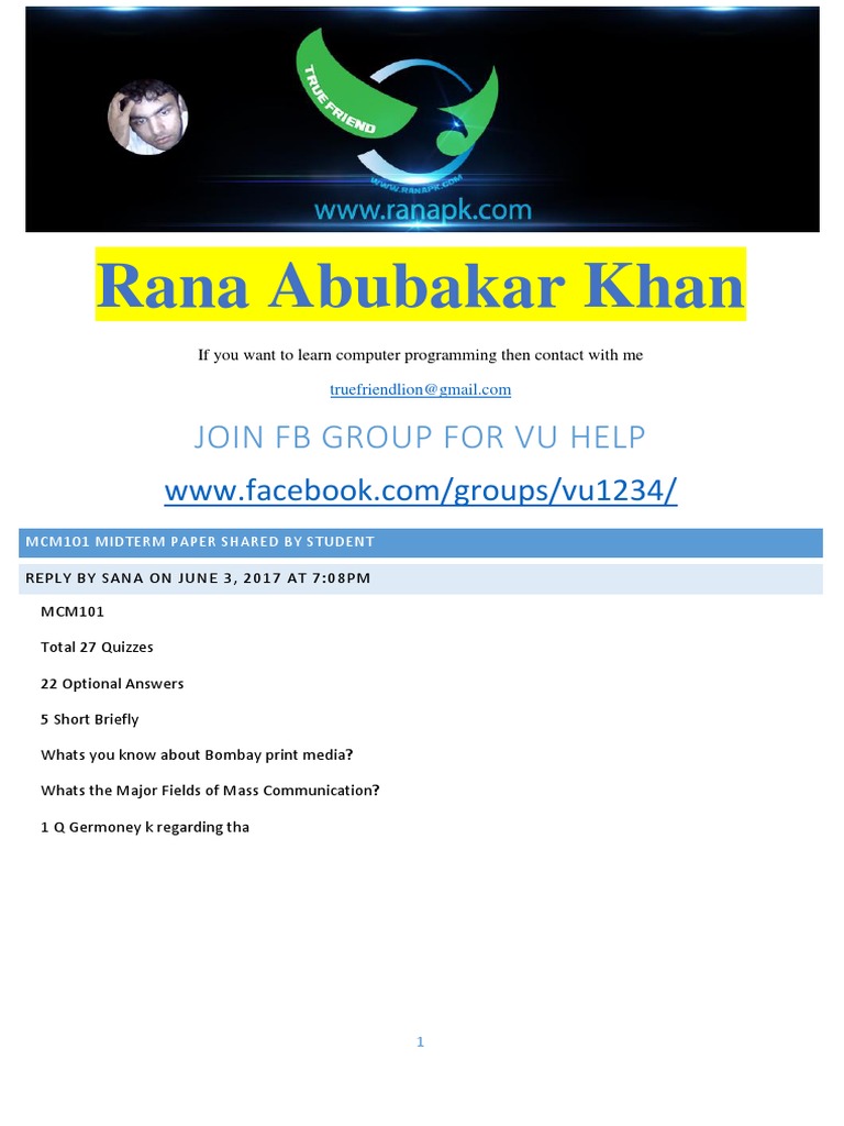 MCM101-MidTerm-By Rana Abubakar Khan | PDF | Mass Media | Advertising MCM101-MidTerm-By Rana Abubakar Khan | PDF | Mass Media | Advertising