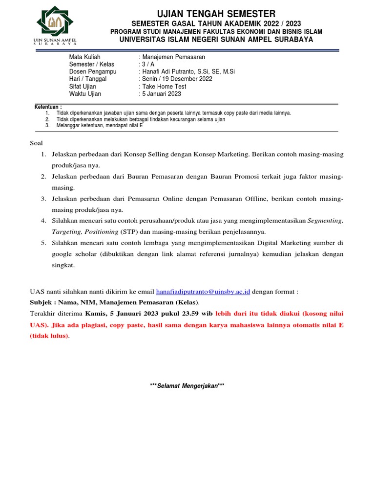 Soal UAS FEBI Manajemen Pemasaran | PDF
