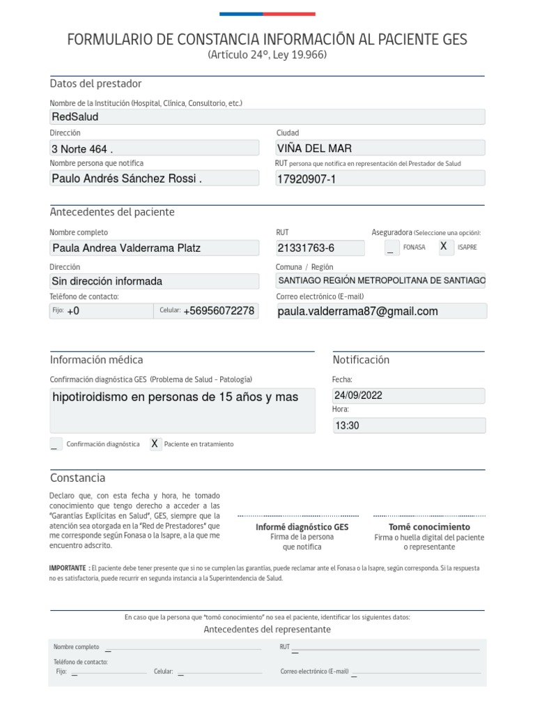 Formulario de Constancia Información Al Paciente Ges: (Artículo 24°, Ley 19.966) Datos Del ...