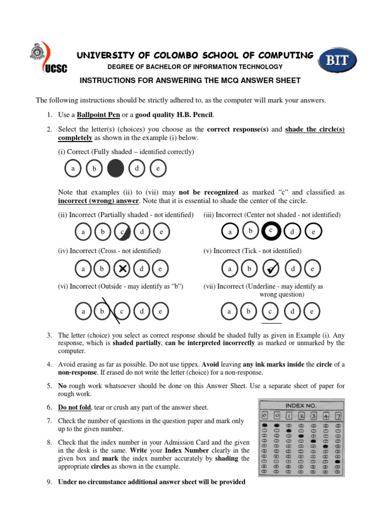 MCQ Answer Sheet Instructions | PDF