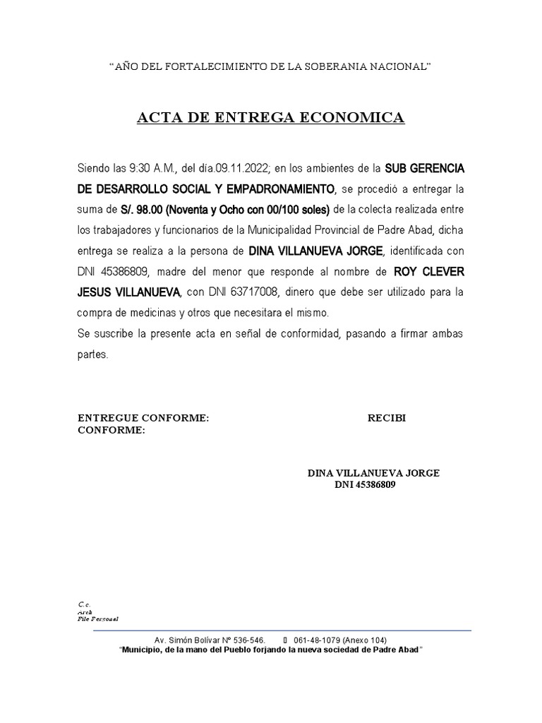 ACTA DE ENTREGA Y Apoyo Social Pag. 1 | PDF