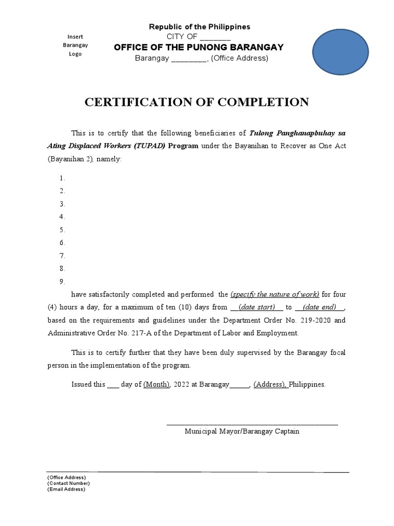 Post Imple Certificate of Completion - Template | PDF