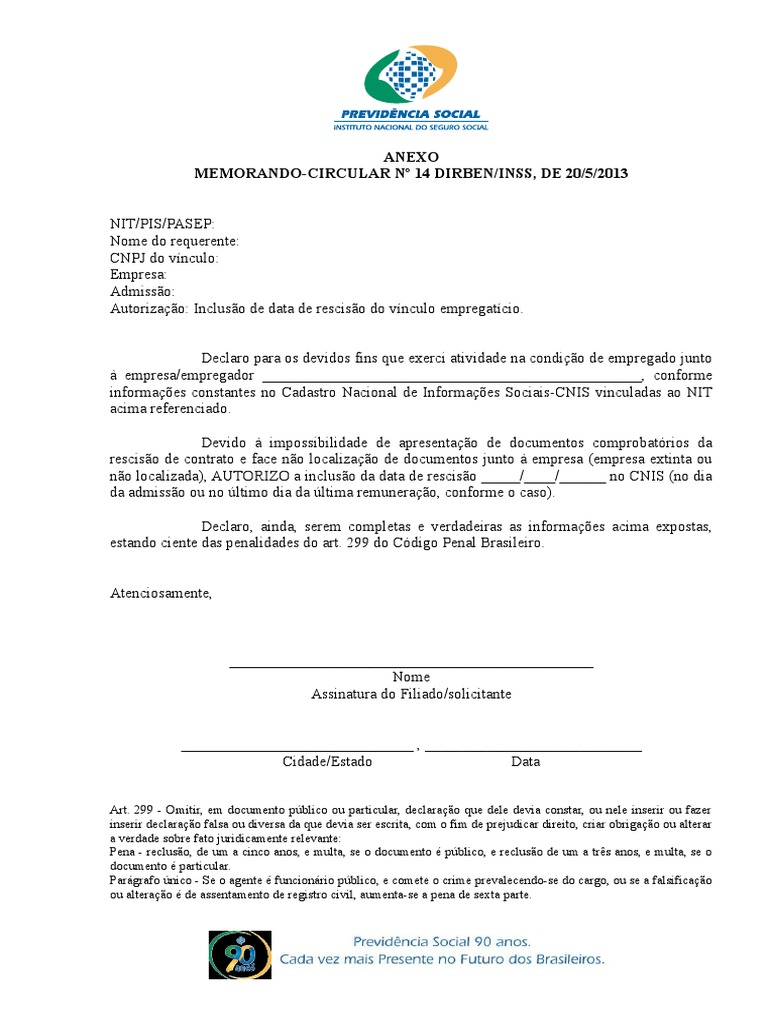 Memorando-Circular #14 Dirben-Inss - Formulário Vínculo Do Cnis em Aberto | PDF