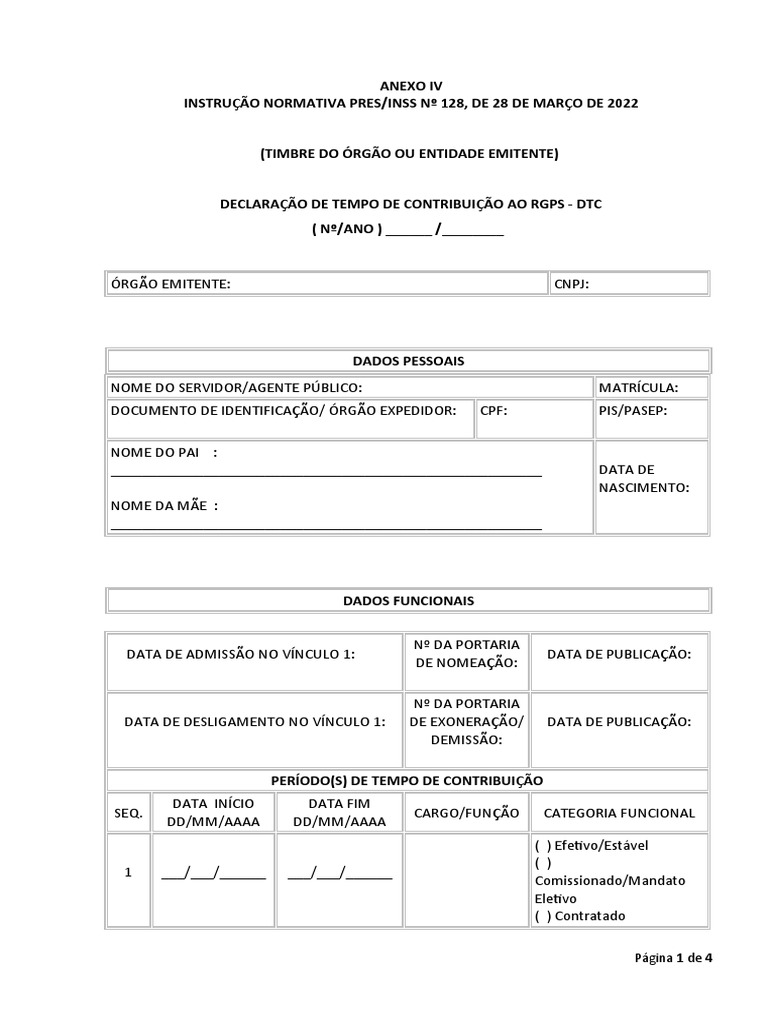 Anexo Iv Declarac A o de Tempo de Contribuic A o Ao RGPS DTC | PDF ...