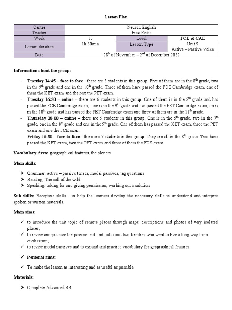 FCE Lesson Plan: Active-Passive Voice | PDF | Question | Cognition