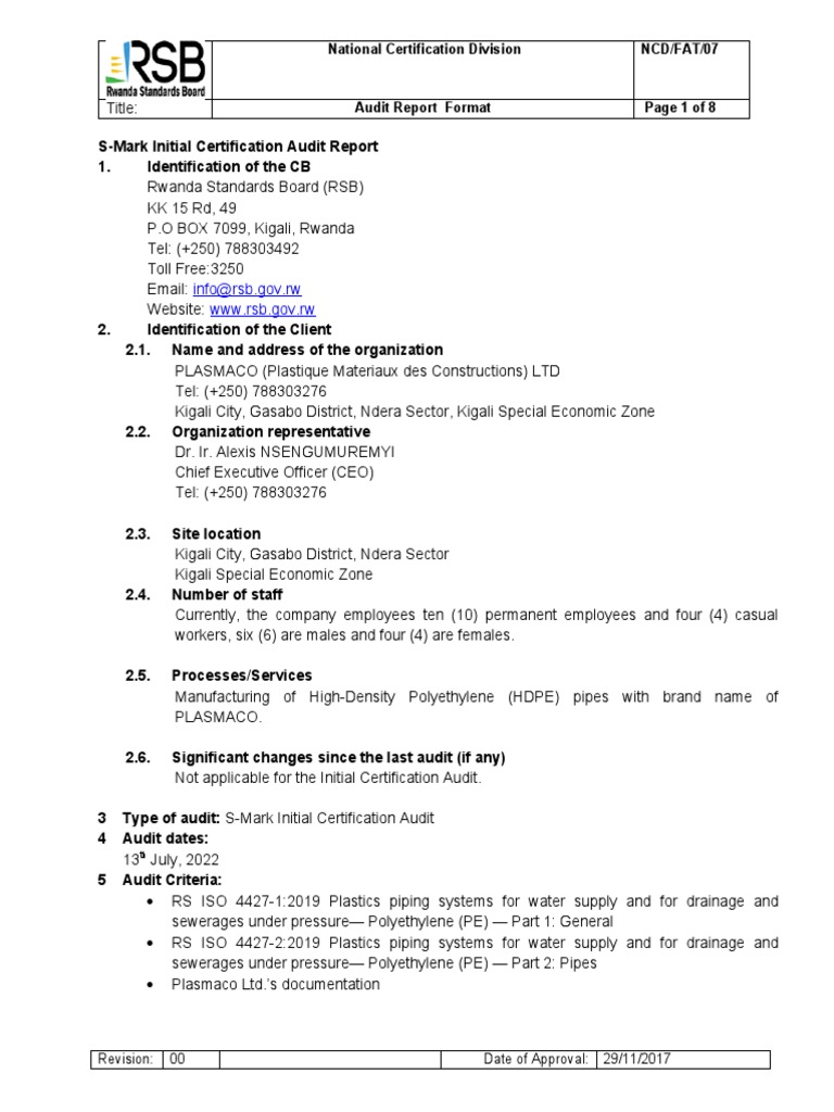 Plasmaco S-Mark Certification Audit Report | PDF | Pipe (Fluid ...