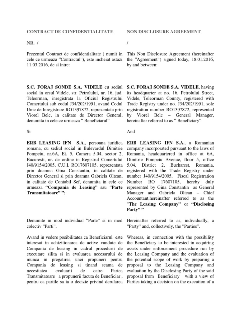 NDA ERB Leasing (Standard Template) | PDF | Confidentiality | Private Law