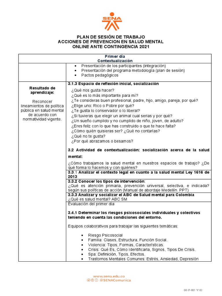 Planes de Sesion-Acciones de Salud Mental - Profe 2021 | PDF | Salud ...