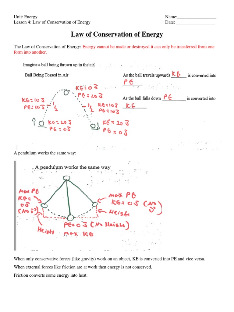 Law Of Conservation Of Energy Worksheet 7.1 Potential And Kinetic