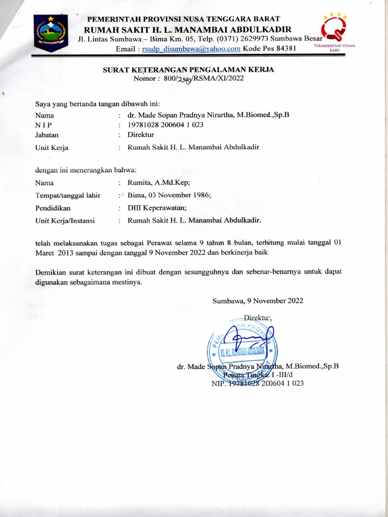 Surat Keterangan Pengalaman Kerja | PDF