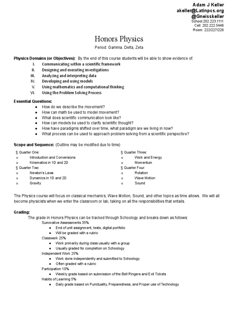 Austen Jefferson - Honors Physics Syllabus - 17622687 | PDF | Academic ...