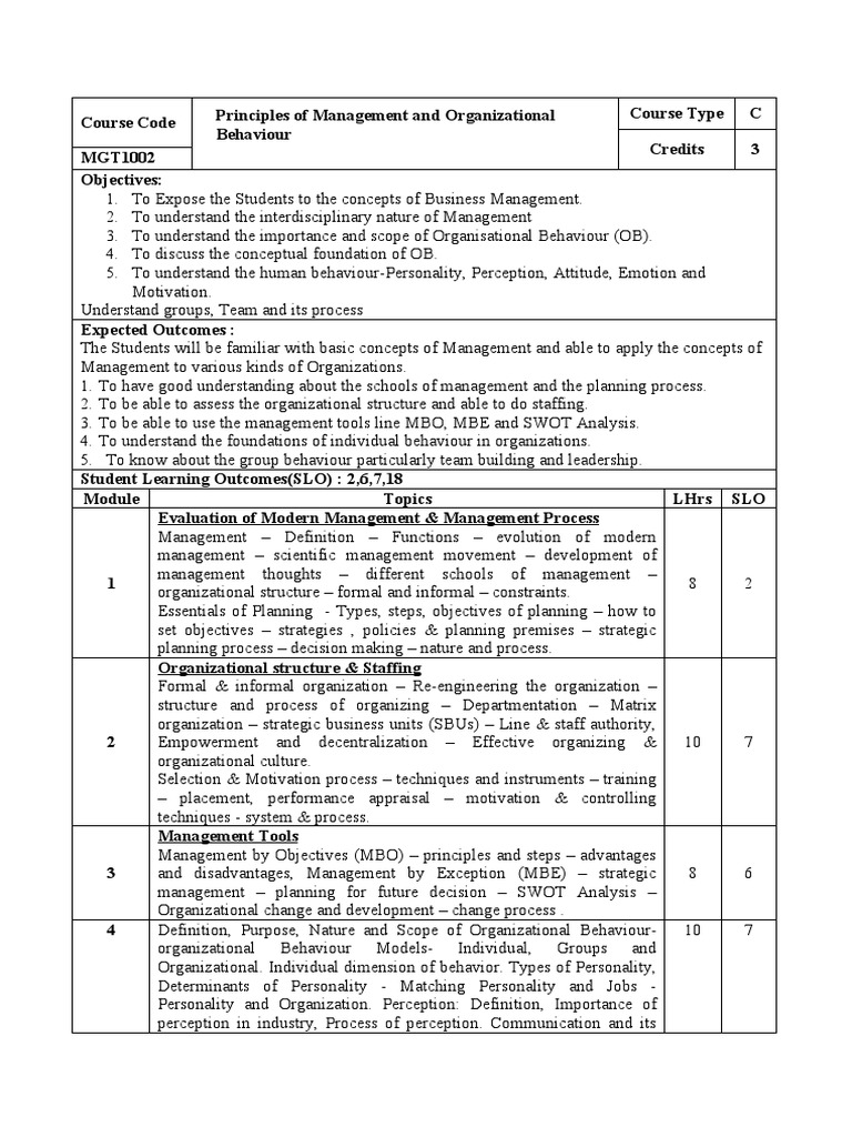 Principles of Management Course Syllabus | PDF | Organizational ...
