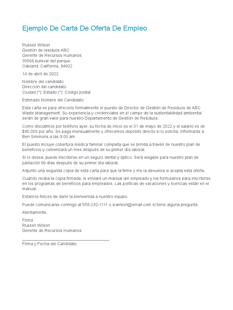 Carta de Oferta de Empleo | PDF