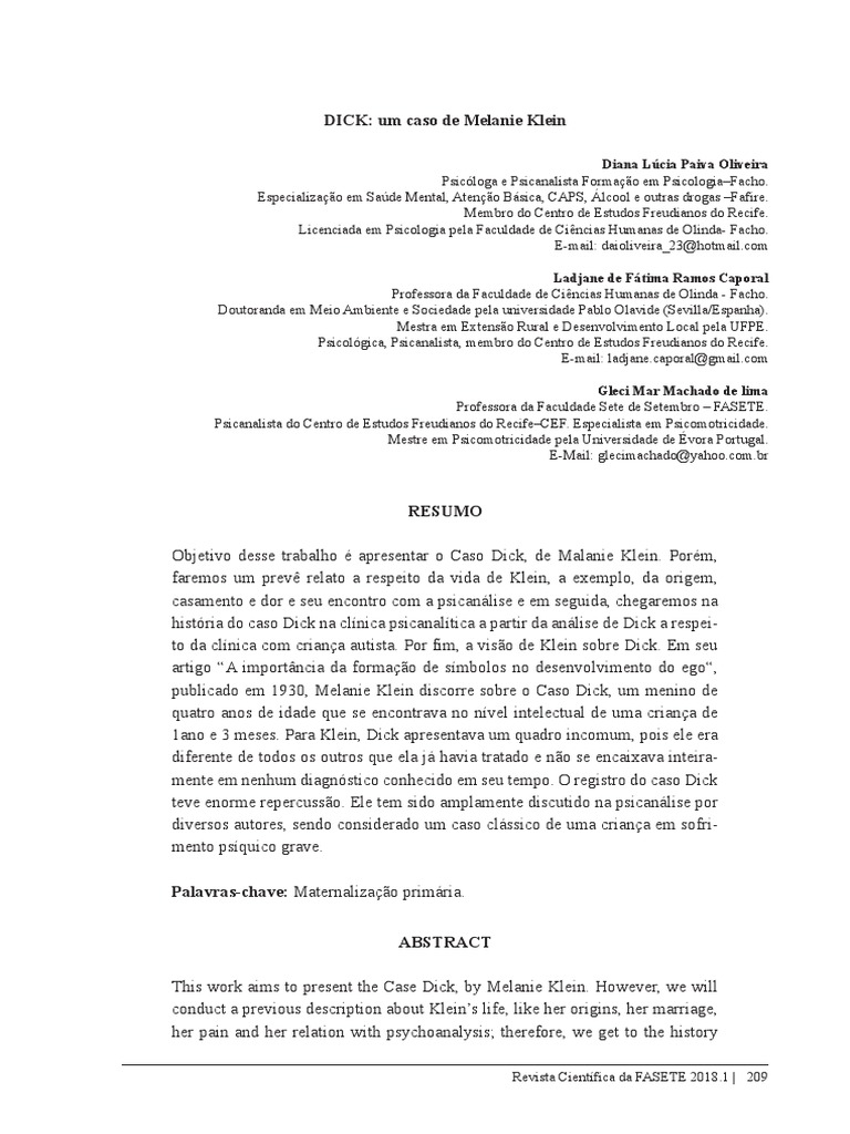 Caso Dick de M Klein | PDF | Psicanálise | Sigmund Freud