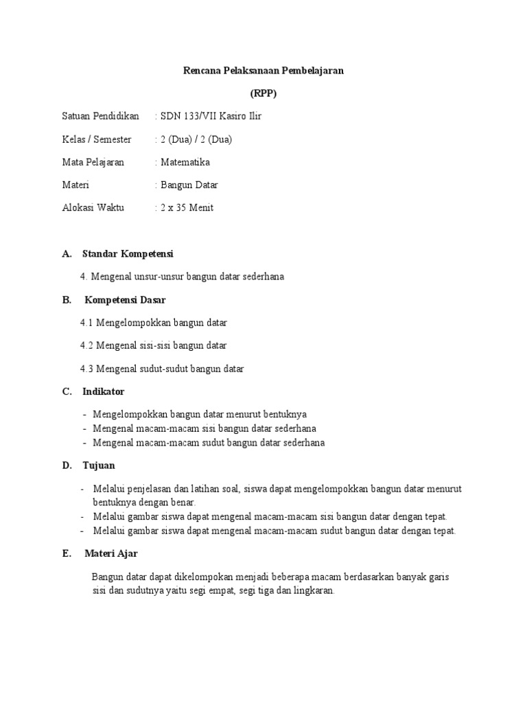 RPP Kelas 2 Bangun Datar | PDF