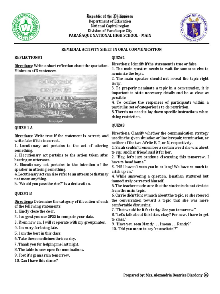 Remedial Activity Sheet | PDF | Question | Communication