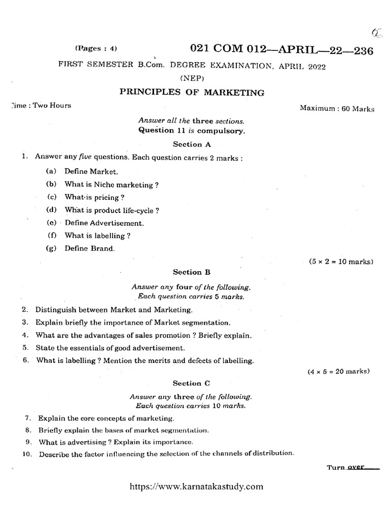 Bcom 1 Sem Principles of Marketing 236 Apr 2022 | PDF
