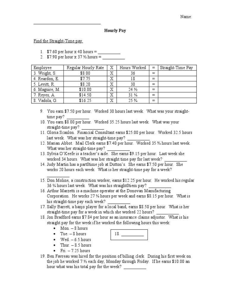 Chapter 5 1 Hourly Pay Business Math Worksheet | PDF