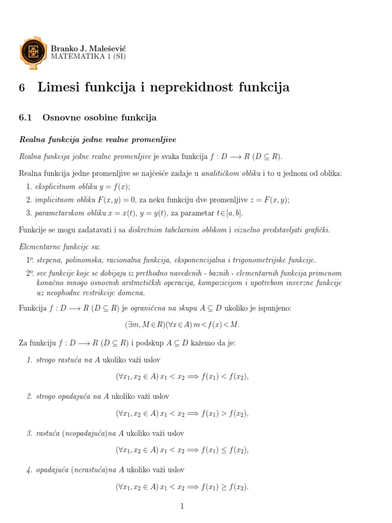 (SI1M1) 06 Predavanja (Limesi Funkcija I Neprekidnost Funkcija) 2022 | PDF