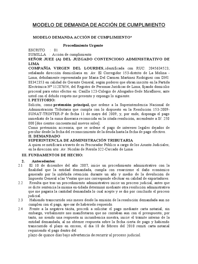 Modelo de Demanda de Acción de Cumplimiento | PDF | Demanda judicial ...