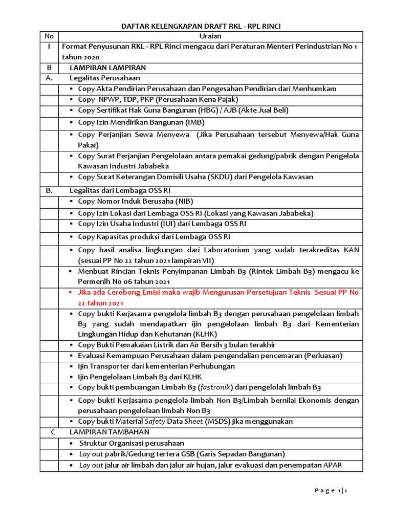 Daftar Kelengkapan RKL RPL Rinci 2022 (Juni 2022) | PDF