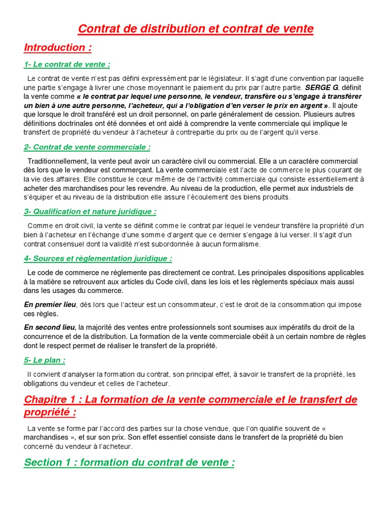 Contrat de Distribution Et Contrat de Vente Résumé | PDF | Économie ...