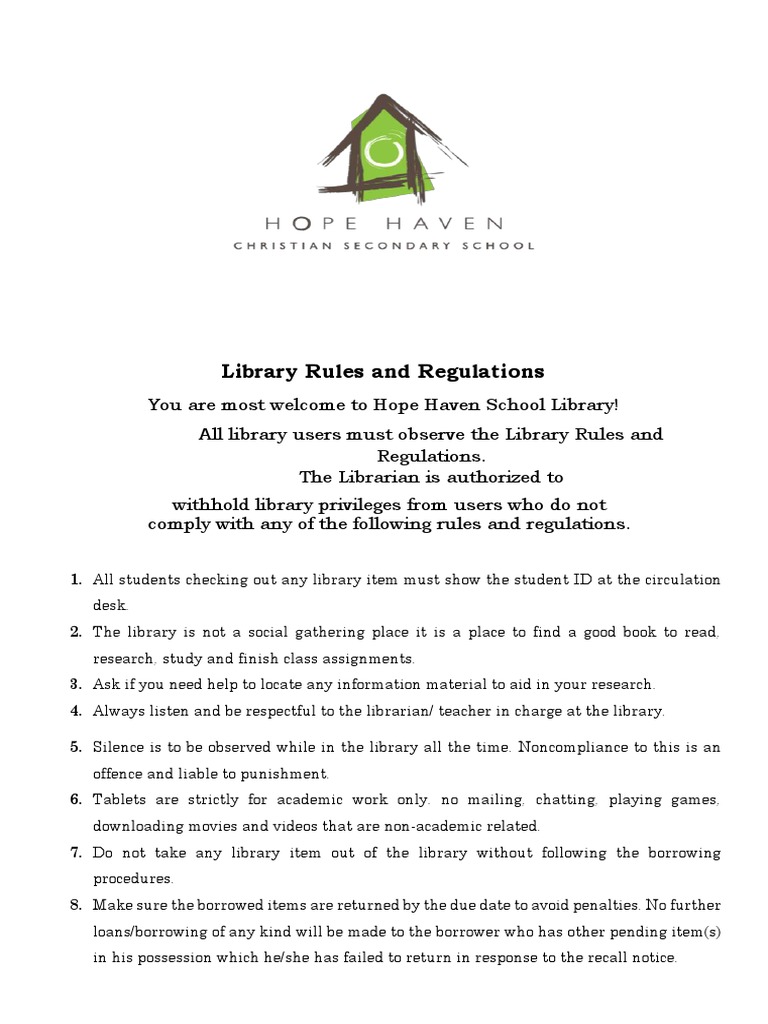 Hope Haven Library Rules for Students | PDF | Libraries | Librarian