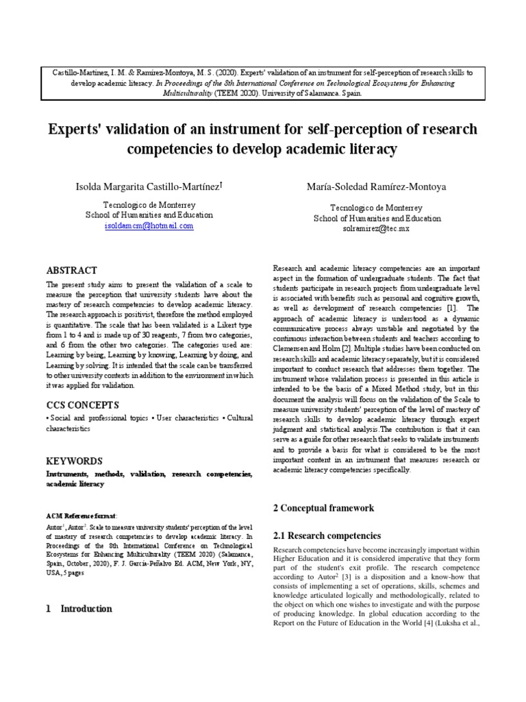 Expert S Validation Of An Instrument For Self Perception Of Research