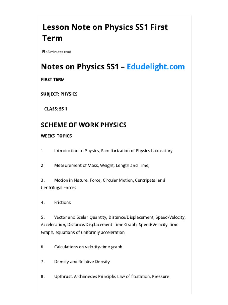 Physics SS1 First Term | PDF | Force | Velocity