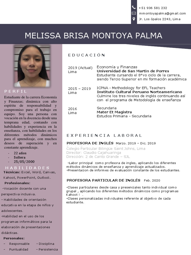 CV Montoya Palma Melissa | PDF | Método de enseñanza | Maestros