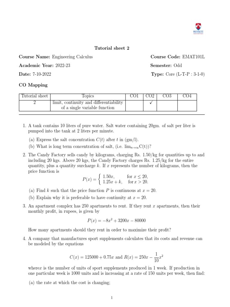 Tutorial Sheet 2-EMAT101L | PDF | Function (Mathematics) | Area