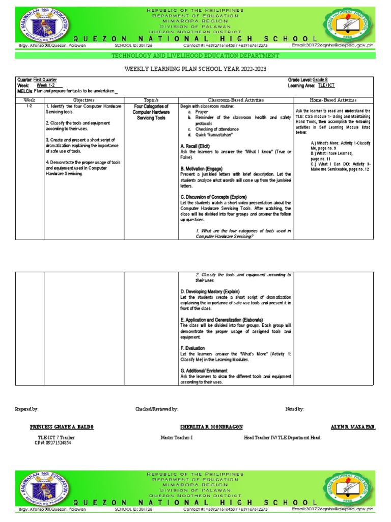 ICT 8 - Weekly-Learning-Plan-S.Y.-2022-2023 | PDF | Educational ...
