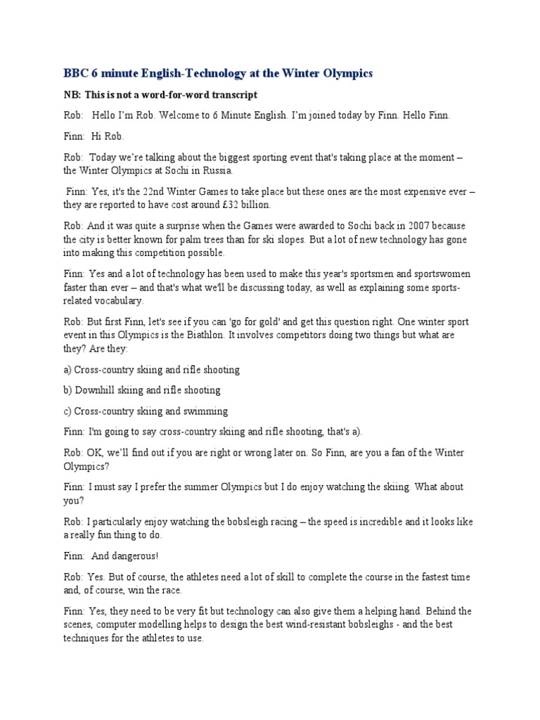 BBC 6 Minute English-Technology at The Winter Olympics | PDF | Winter Olympic Games | Ski