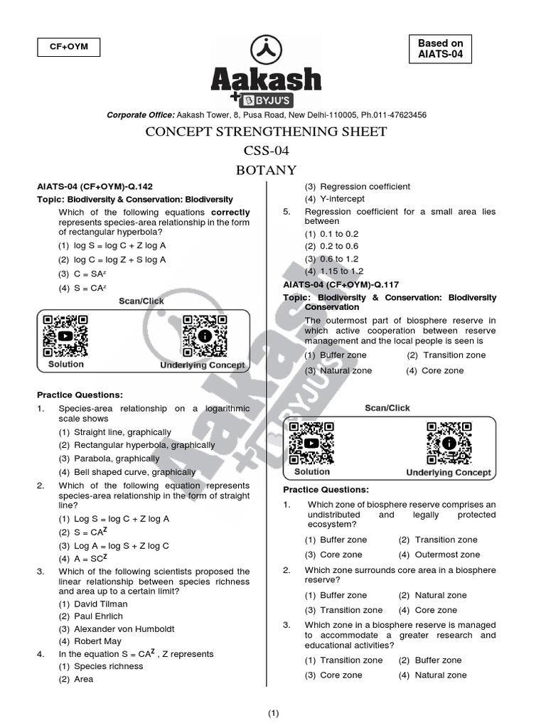 Concept Strengthening Sheet (CSS-04) Based On AIATS-04 (CF+OYM) - Botany | PDF