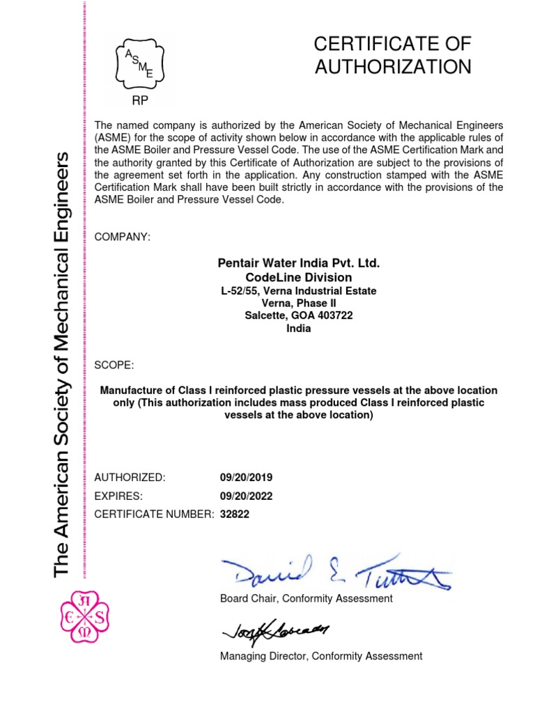 Authorization for Pentair Water India Pvt. Ltd. to Manufacture Class I ...