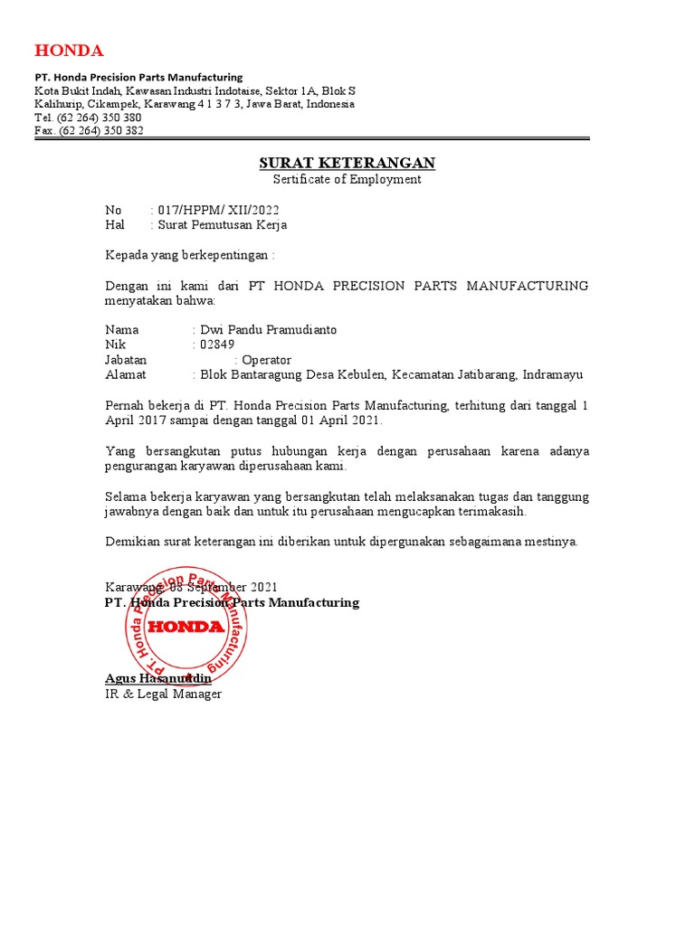 Surat Pengalam Kerja | PDF