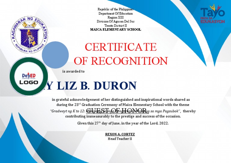 Certificate of Recognition For Guest of Honor and Speaker | PDF