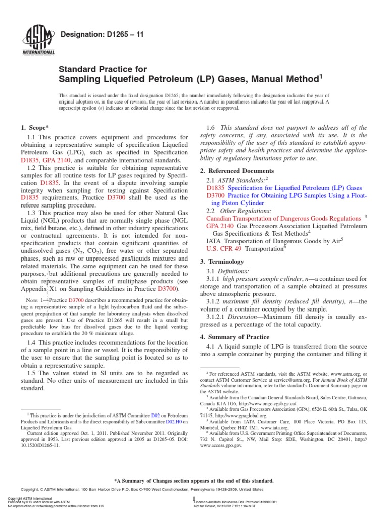 ASTM D1265-11 Muestreo de Gases Método Manual | PDF | Valve | Liquefied Petroleum Gas