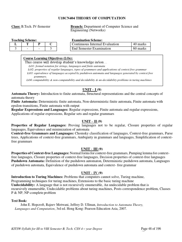 U18Cn404 Theory of Computation: Languages and Computation, 3rd Ed. Hong Kong: Pearson Education ...