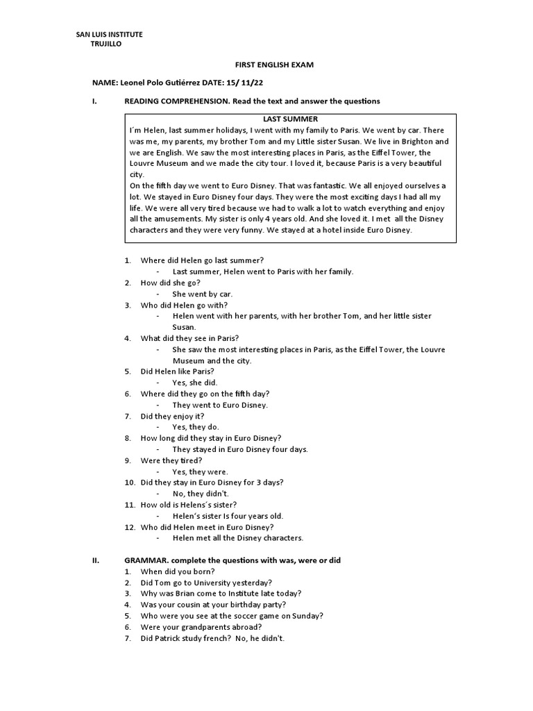 FIRST ENGLISH EXAM Thursday 2-1 | PDF