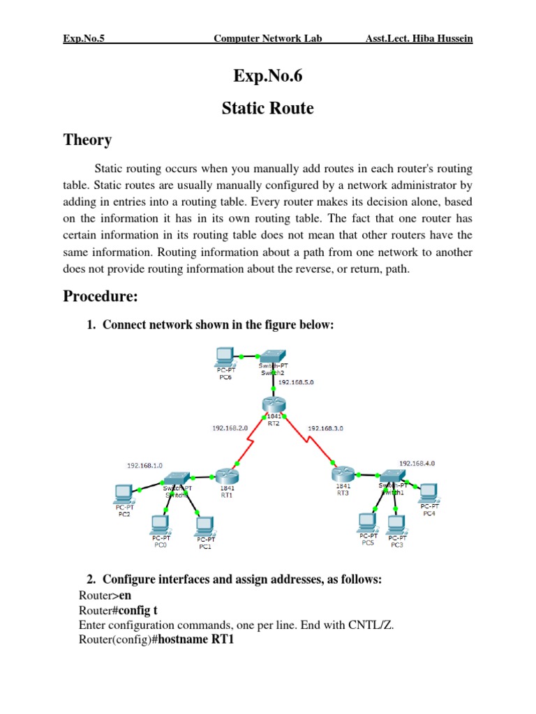 Exp - No. 6 Static Route | PDF | Router (Computing) | Routing