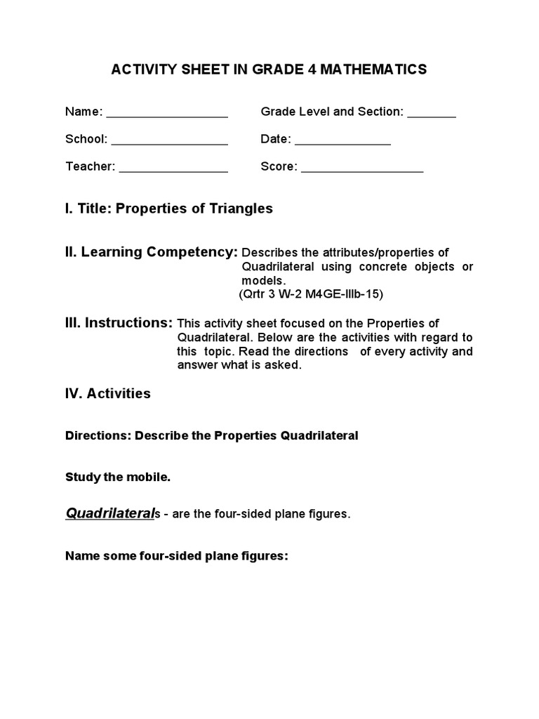 Activity Sheet in Grade 4 Mathematics (Quadrilateral) | PDF