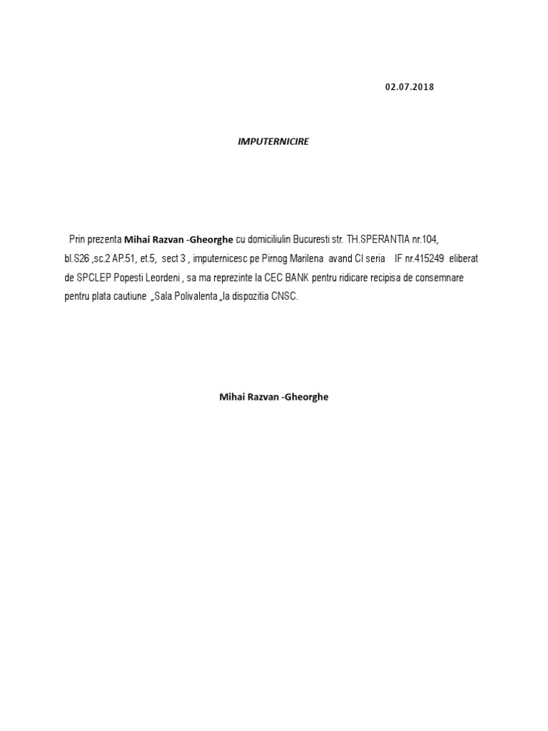 Imputernicire: Mihai Razvan - Gheorghe | PDF